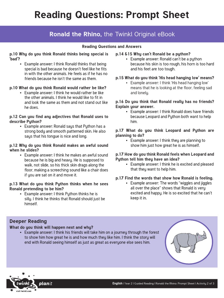 Reading Questions: Prompt Sheet: Ronald The Rhino, The Twinkl Original ...