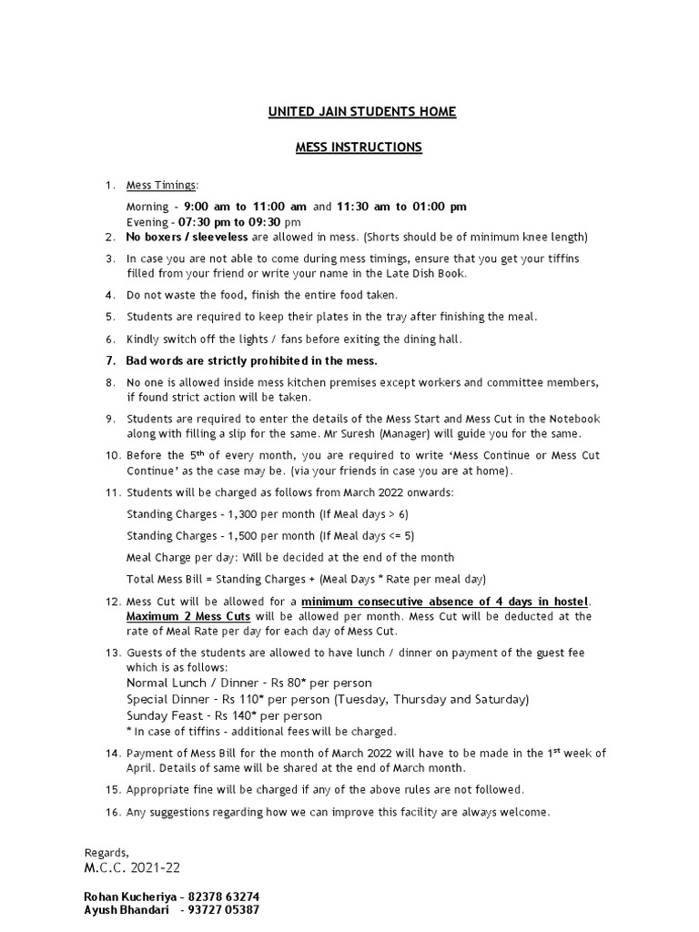 United Jain Students Home Mess Instructions: 7. Bad Words Are Strictly ...