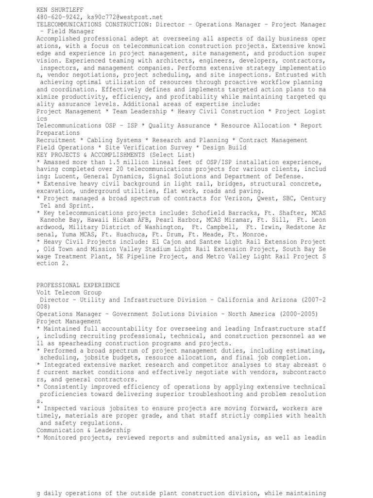 Telecom Project Manager or Construction Manager or OSP Installat | PDF ...