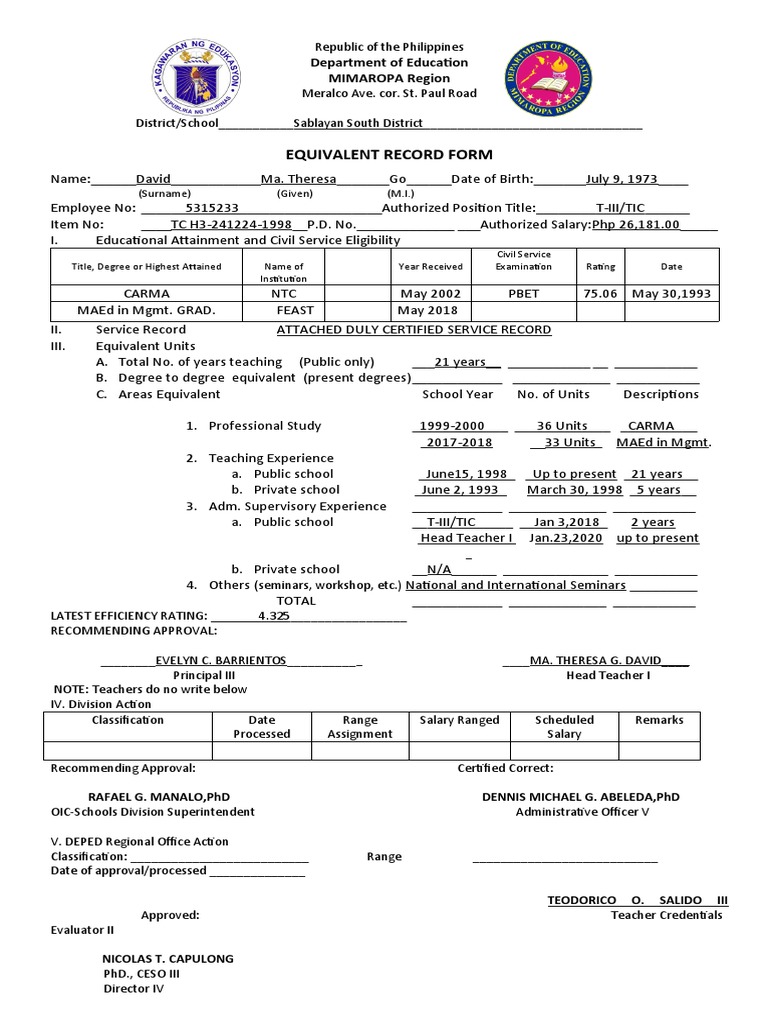 Equivalent Record Form: Department of Education MIMAROPA Region | PDF
