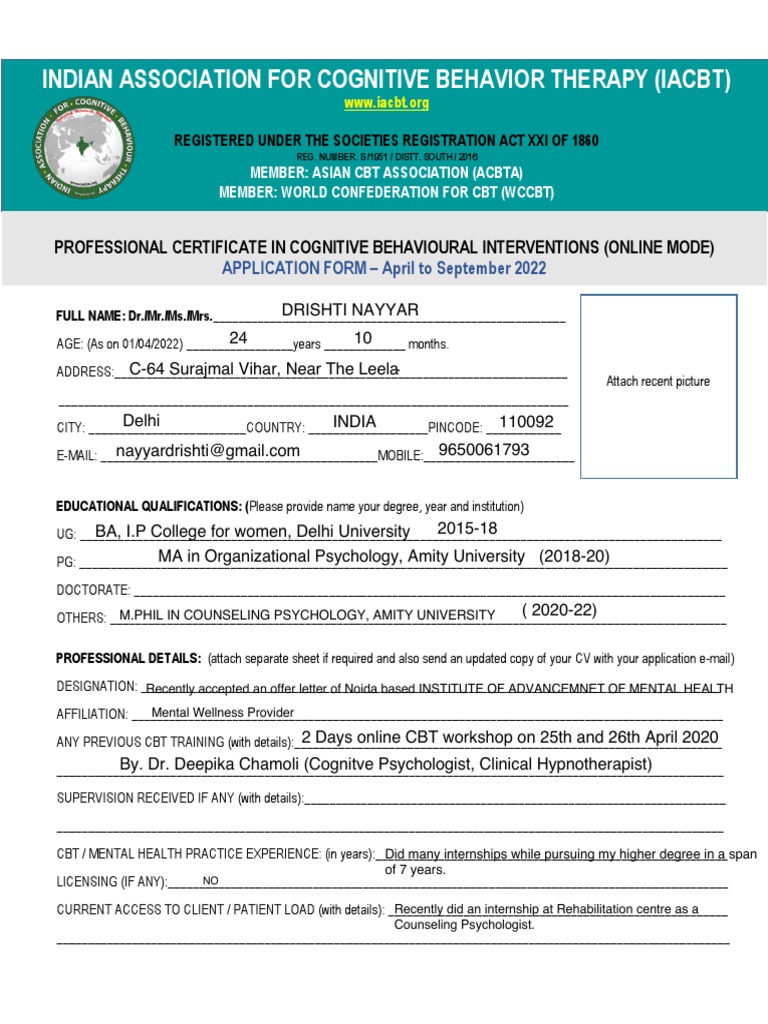 IACBT Certificate Program Application Form | PDF | Cognitive Behavioral ...
