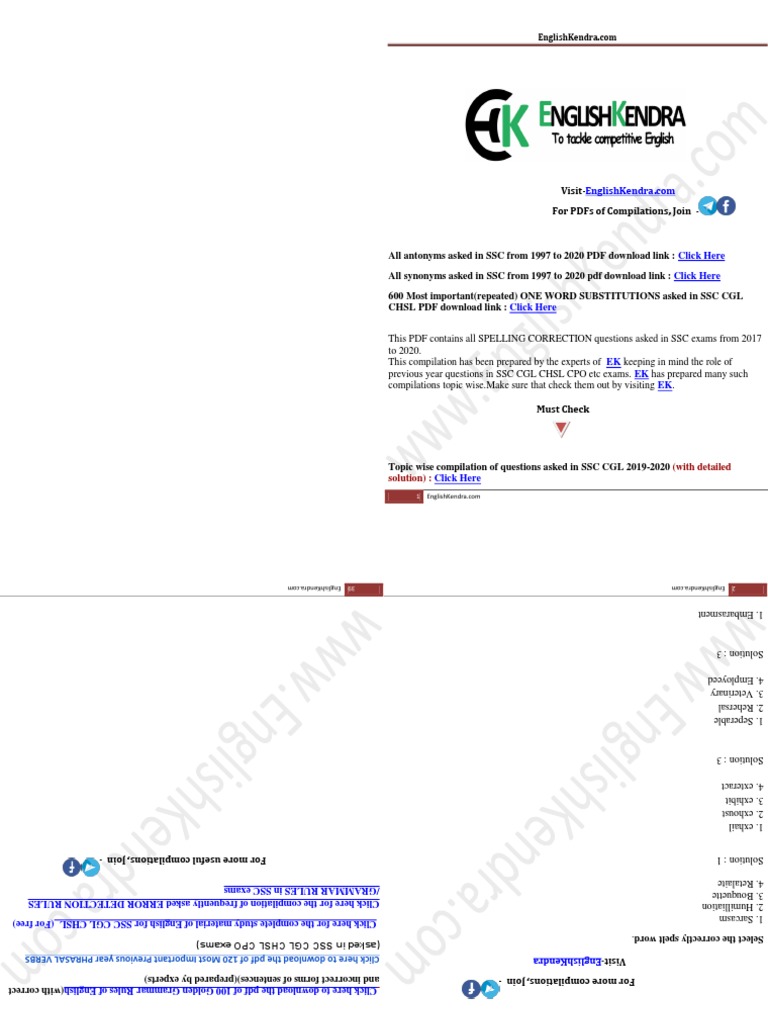 SSC Prev Year Spelling Correction - Booklet | PDF | Cognitive Science ...