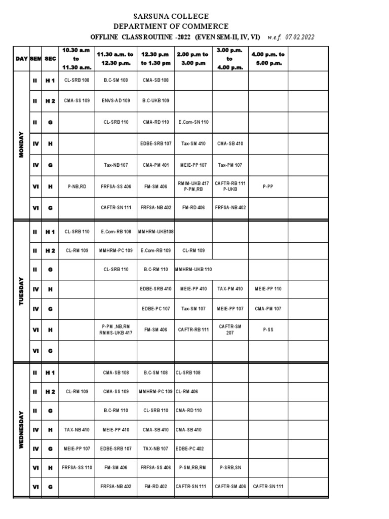 Sarsuna College Department of Commerce: OFFLINE CLASS ROUTINE - 2022 ...