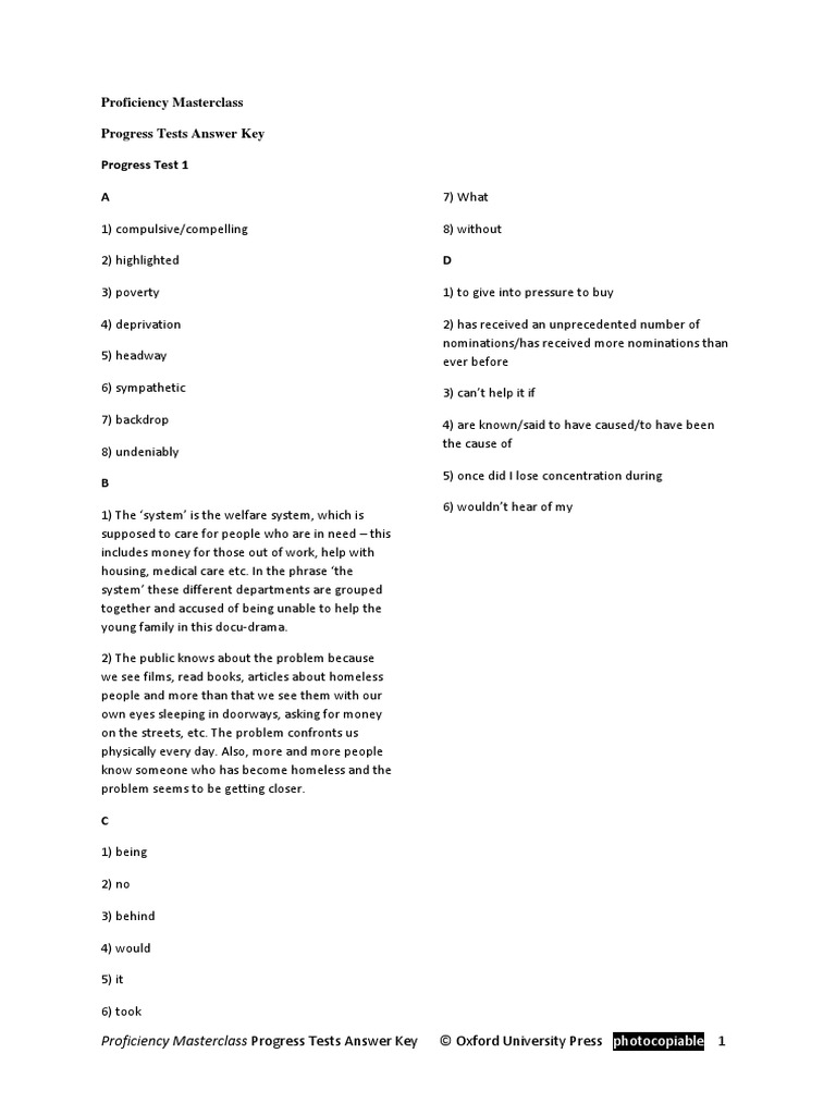 Proficiency Masterclass Progress Tests Answer Key | PDF