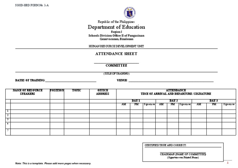 2 - 2020 Deped Pang 2 Hrd-Form No 1-c Training Attendance Form For ...