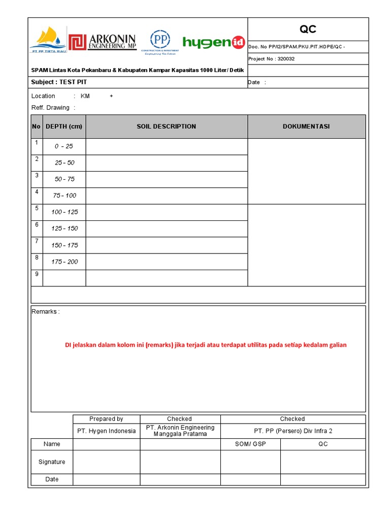 Foam Ceklist Test Pit-Pek. Pipa Hdpe | PDF