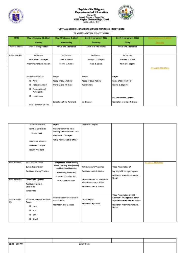 INSET 2022 Training Schedule | PDF