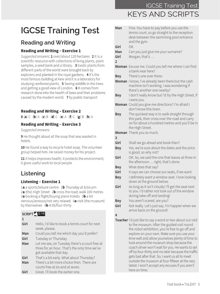 Talent Level 3 IGCSE Keys and Scripts | PDF | Penguin | Nest