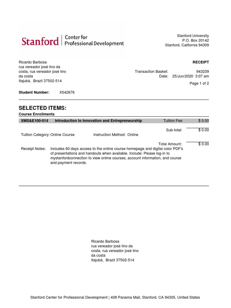 Stanford Center For Professional Development Receipt | PDF | Payments