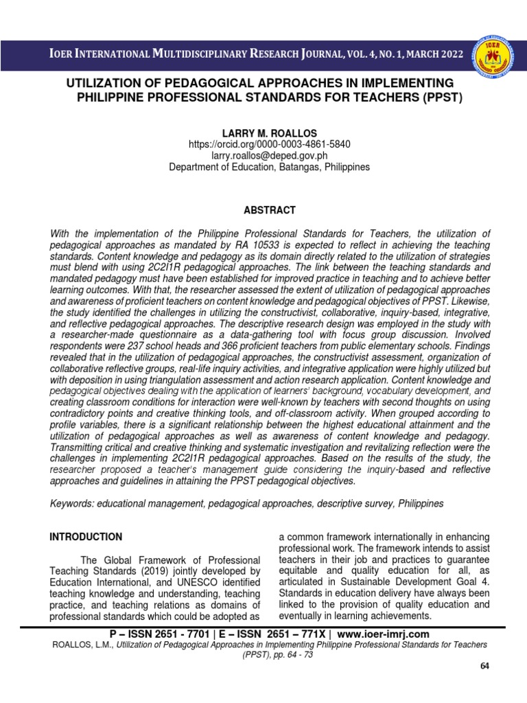 Utilization of Pedagogical Approaches in Implementing Philippine Professional Standards For ...
