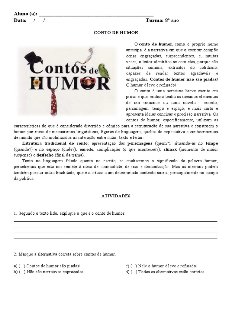Aula 5 - 8º LP - Gênero Contos de Humor - Composição Dos Textos ...