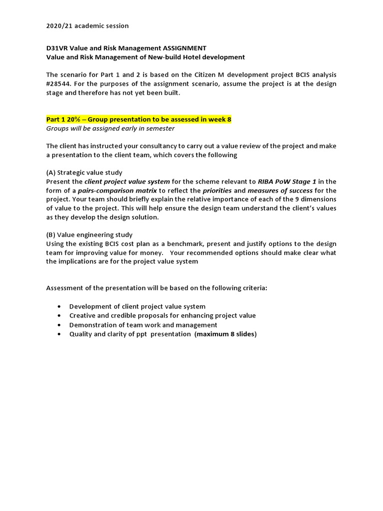 D31VR Value and Risk Management ASSIGNMENT Value and Risk Management of New-Build Hotel ...