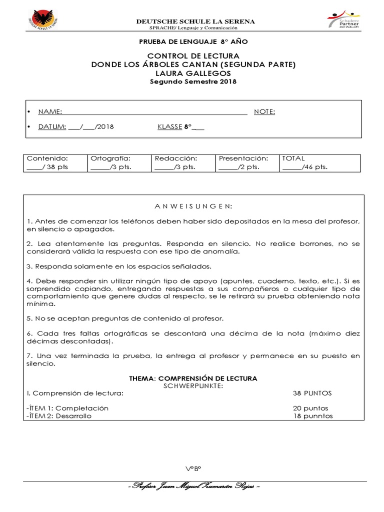 Control de Lectura: Donde los Árboles Cantan 2 | PDF