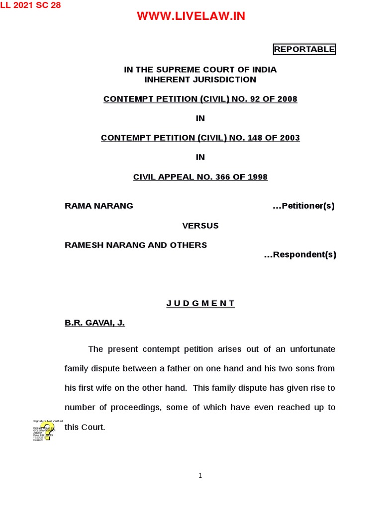 Rama Narang Vs Ramesh Narang LL 2021 SC 28 387774 | PDF | Contempt Of ...