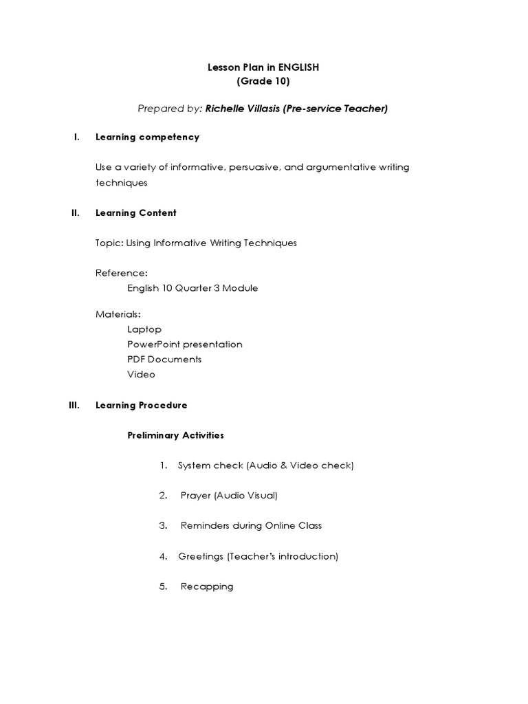 Informative Writing Techniques - Lesson Plan (Villasis, Richelle B ...