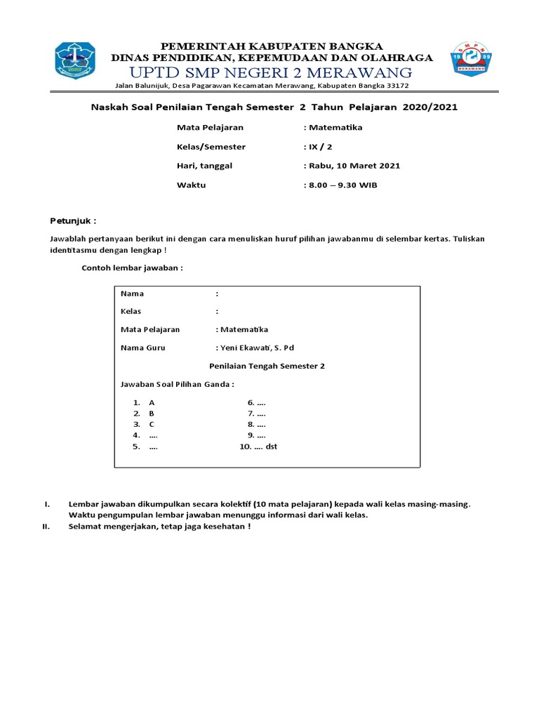 Soal Pts Mat Kls 9 SMT 2 20.21 | PDF