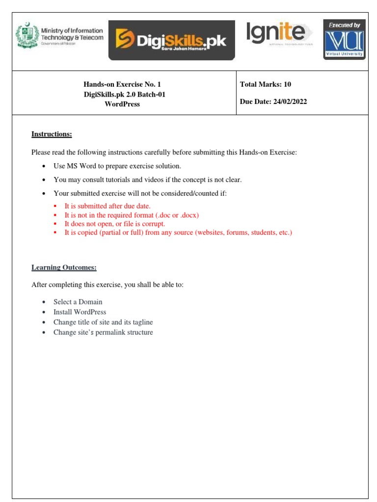 Hands-On Exercise No. 1 Digiskills - PK 2.0 Batch-01 Wordpress Total Marks: 10 Due Date: 24/02 ...