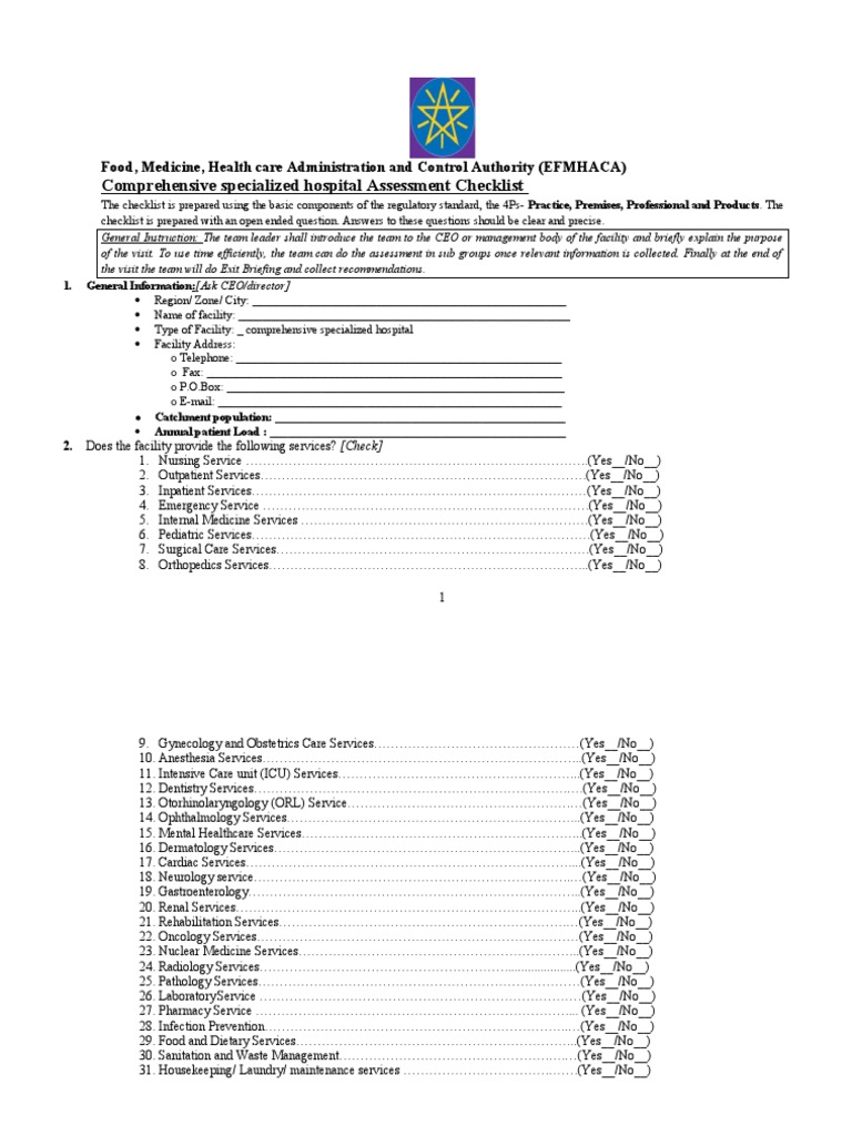 Comprehensive Specialized Hospital Checklist (Updated) | PDF