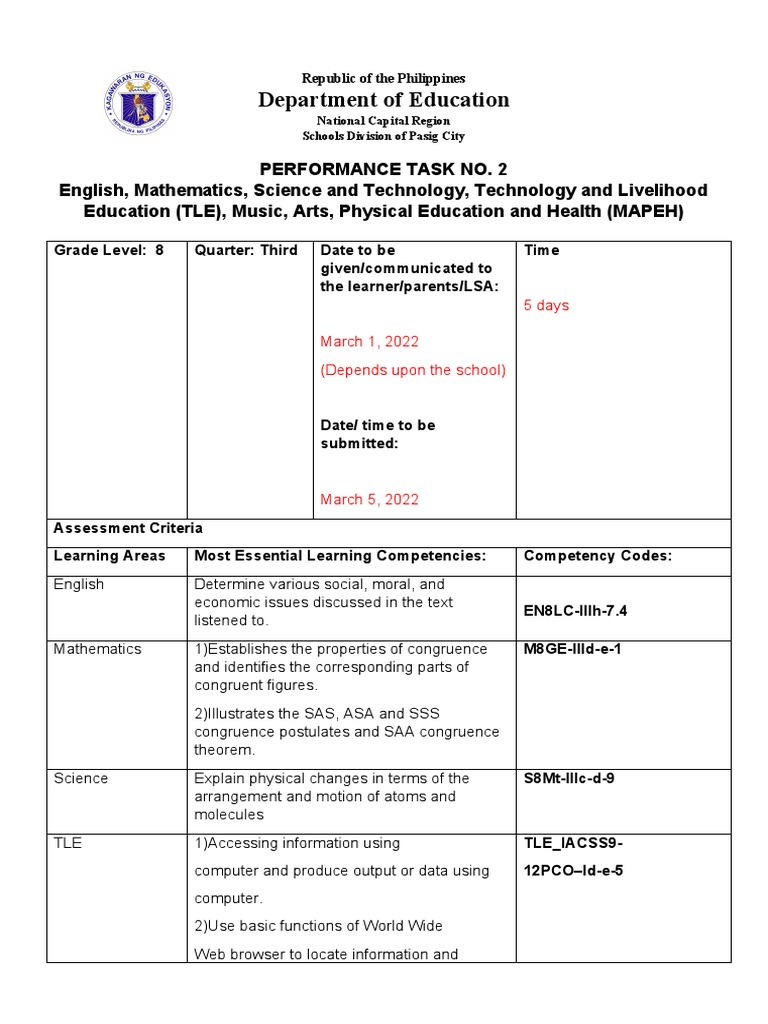 Grade 8 Q3 Performance Task No.2 B | PDF | Mathematics | Learning