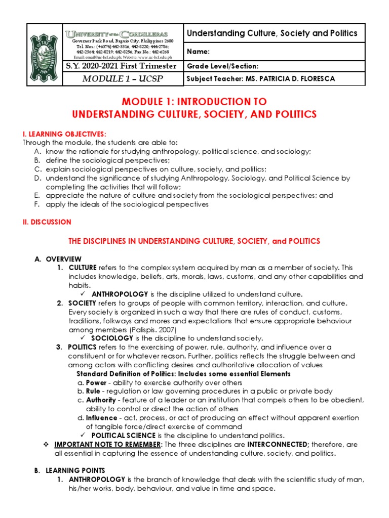 UCSP Module 1: Culture, Society, Politics | PDF | Sociology | Science