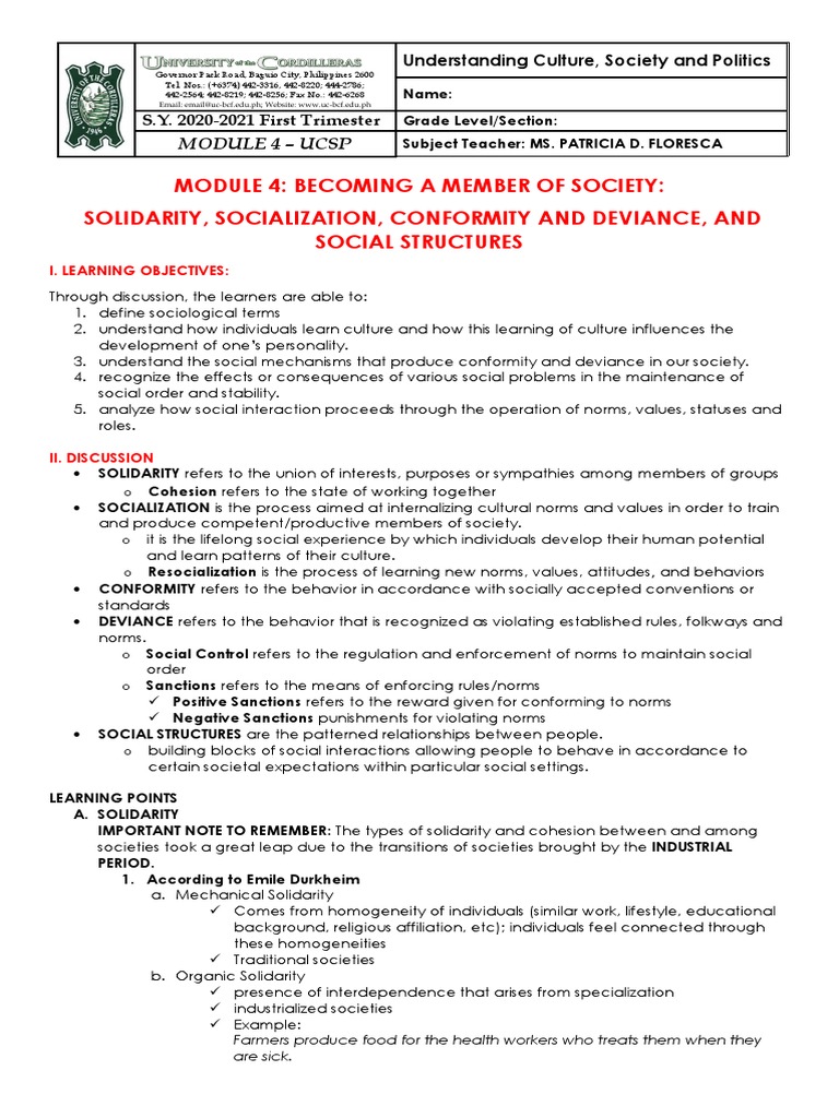 Module 4 UCSP: BECOMING A MEMBER OF SOCIETY: SOLIDARITY, SOCIALIZATION ...