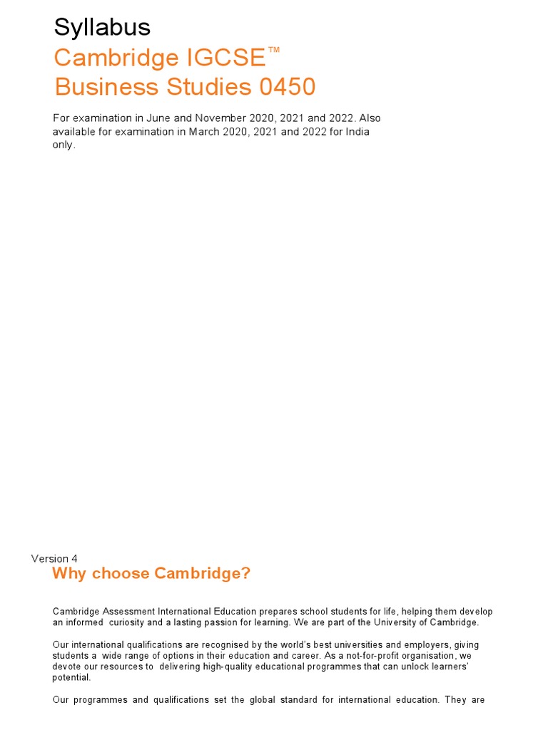 Cambridge IGCSE Business Studies 0450 (Y20-22 - Sy) | PDF | Marketing | Entrepreneurship