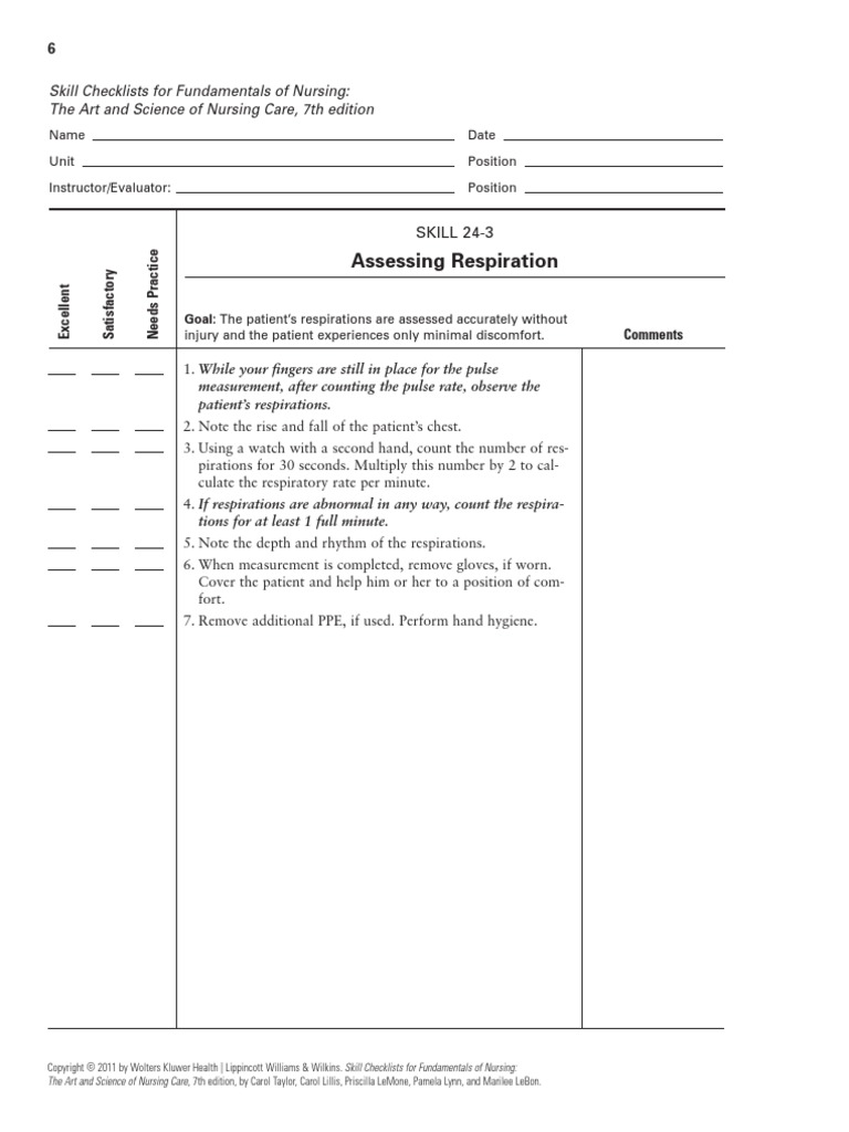 Skill Checklist Assessing Respiration | PDF | Clinical Medicine ...