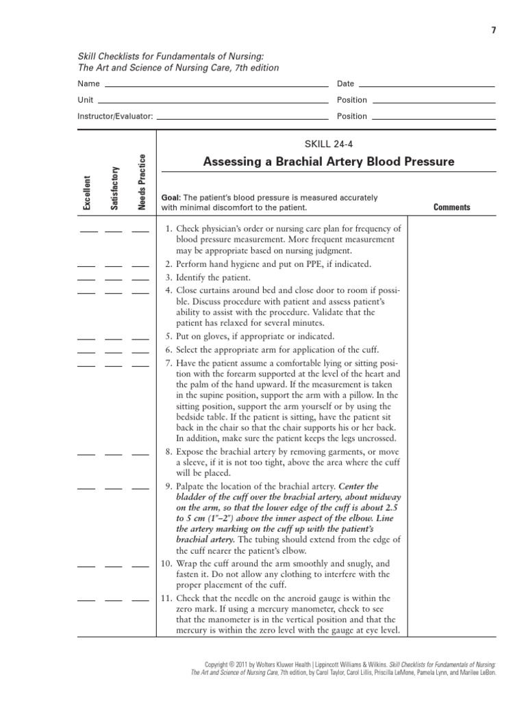 Skill Checklist Assessing A Brachial Artery Blood Pressure | PDF ...