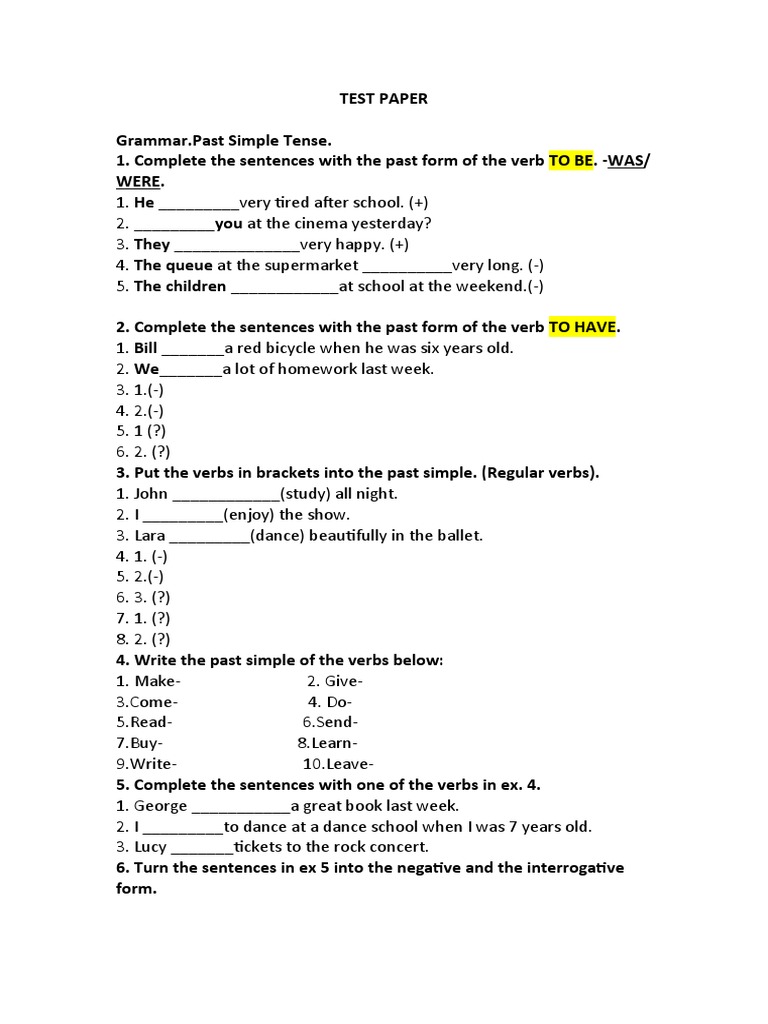 TEST PAPER Past Simple Tense | PDF | Language Arts & Discipline