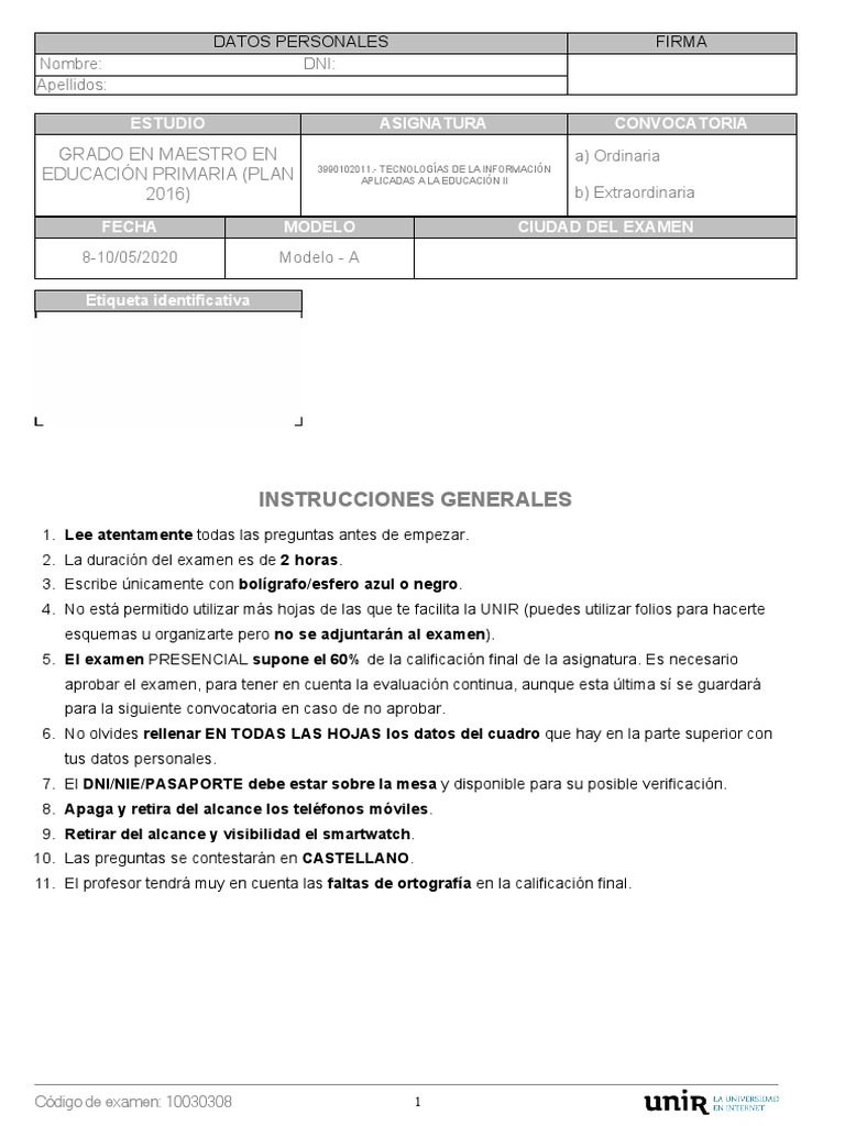 Examen Tic 2 May 2020 Pdf Prueba Evaluación