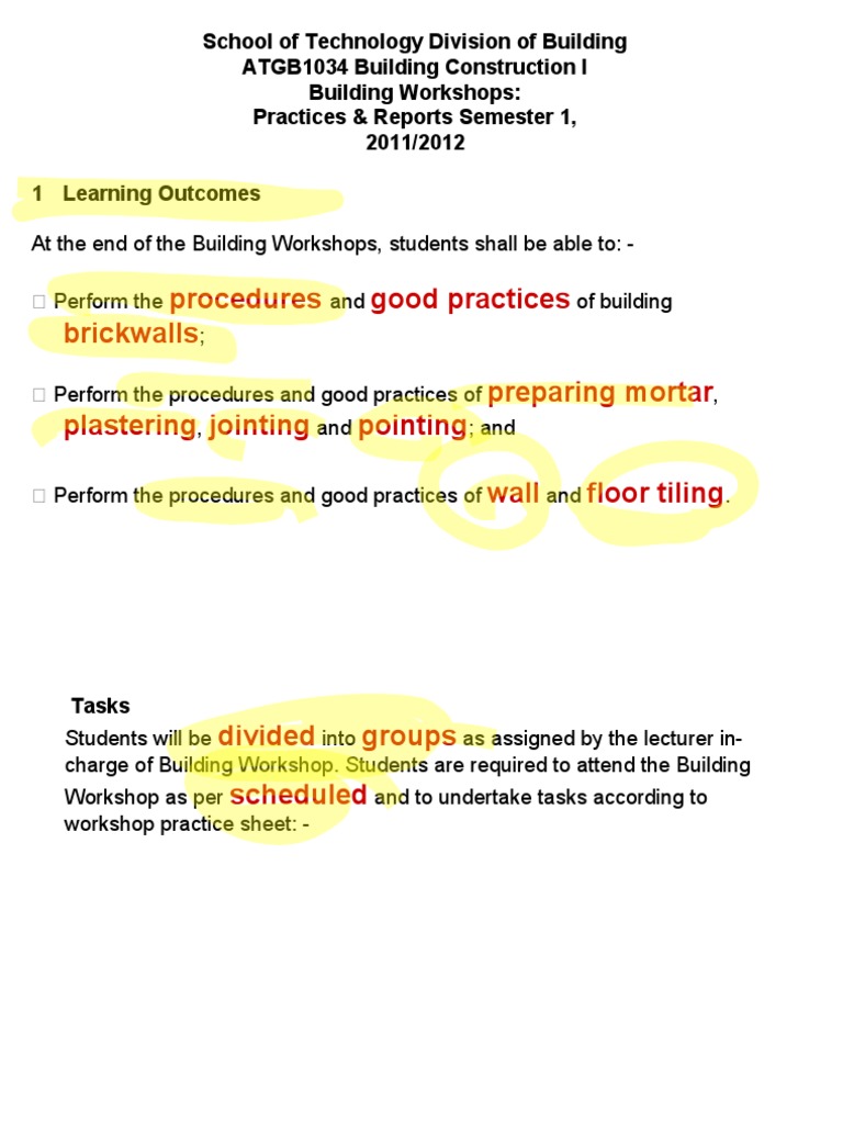 Building Workshop Practices Overview | PDF | Tile | Building Technology