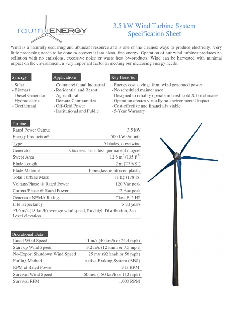 Raum 3 5kW Turbine Data Sheet-2010 | Wind Turbine | Sustainable Energy