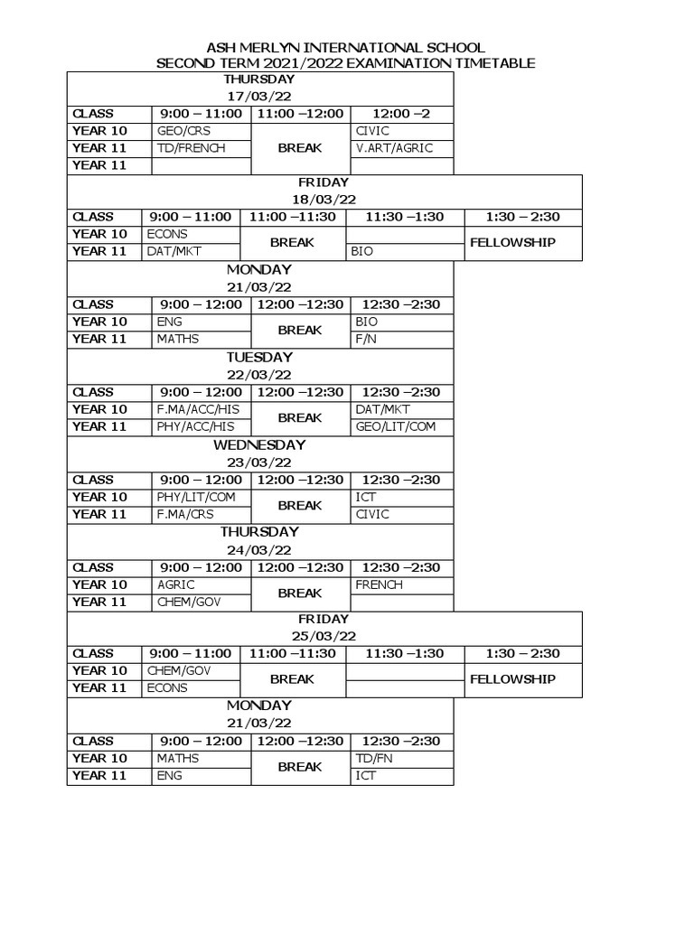 Ash Merlyn International School Second Term 2021/2022 Examination ...