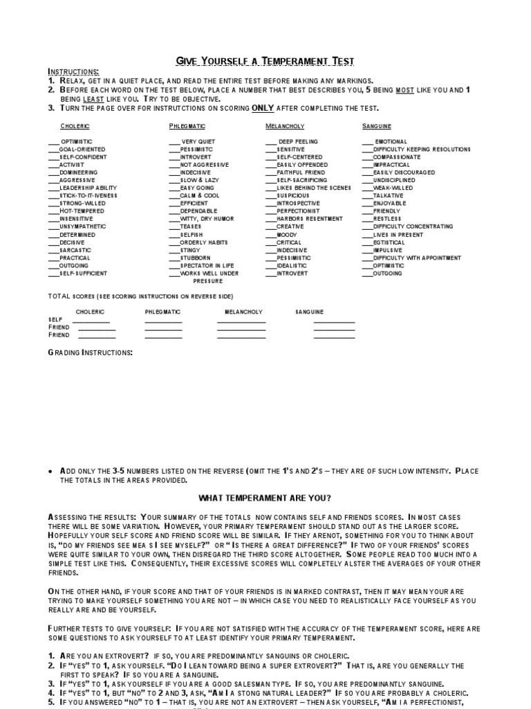 Temperament & Personality Test | PDF | Psychological Theories | Human ...
