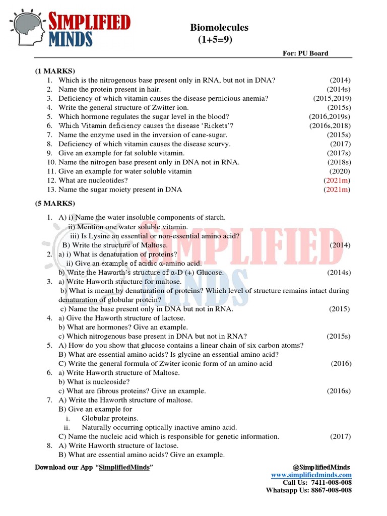 Biomolecules 2ndPUC PYQs | PDF | Amino Acid | Proteins