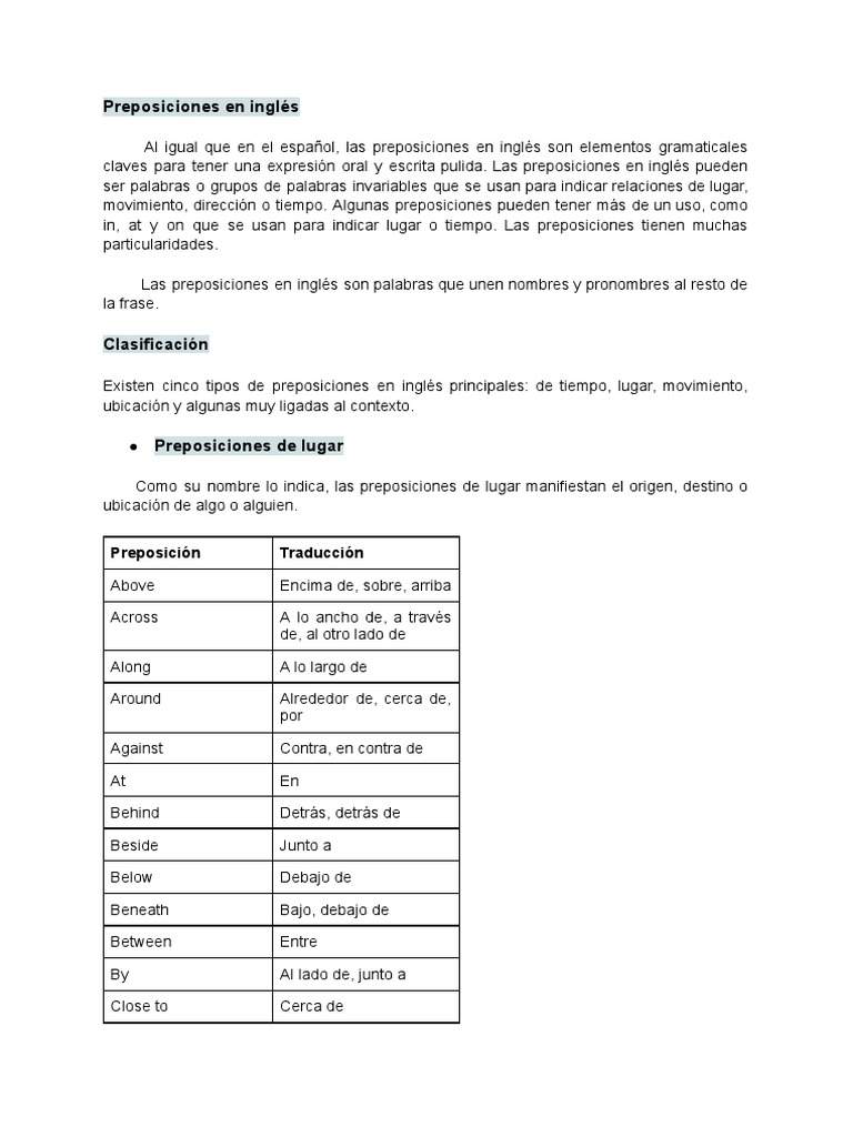 Preposiciones en inglés: guía completa | PDF | Preposición y ...