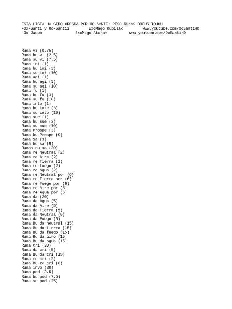 Peso Runas Dofus Touch | PDF