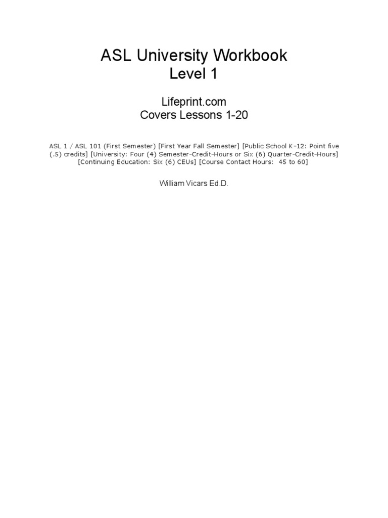 ASL Level 1 Workbook Lessons 1-20 | PDF | Sign Language