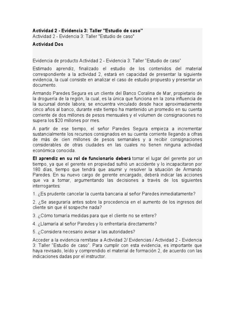 Actividad 2 - Evidencia 3 Taller Estudio de Caso | PDF | Bancos | Dinero