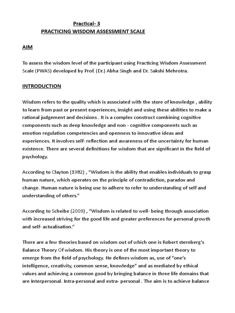 Prac&cal-3: Practicing Wisdom Assessment Scale AIM | PDF | Wisdom ...