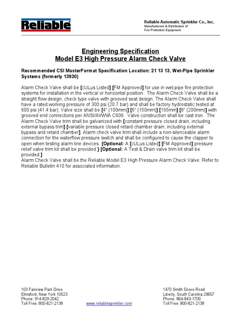 Reliable E3 High Pressure Alarm Valve | PDF