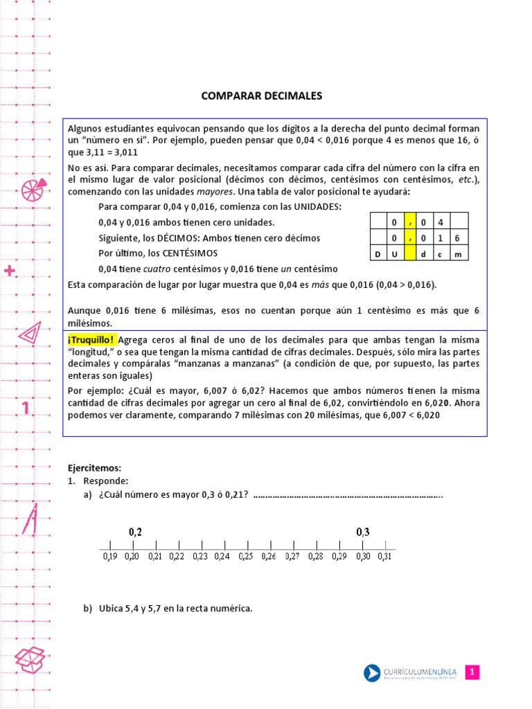 Comparar Decimales 1 | PDF | Decimal | Conceptos matemáticos