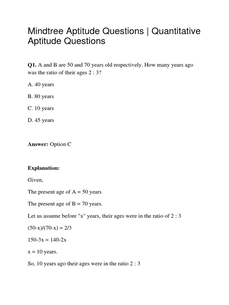 Mindtree Aptitude Questions - Quantitative Aptitude Questions | PDF