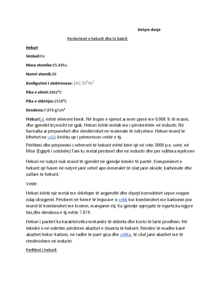 Perdorimet e Hekurit Dhe Te Bakrit: Detyre Dosje | PDF