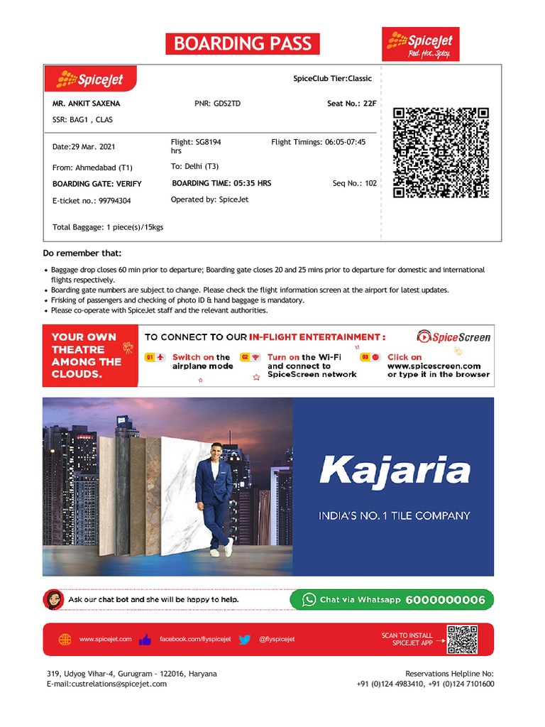 SpiceJet Flight SG8194 Boarding Pass | PDF
