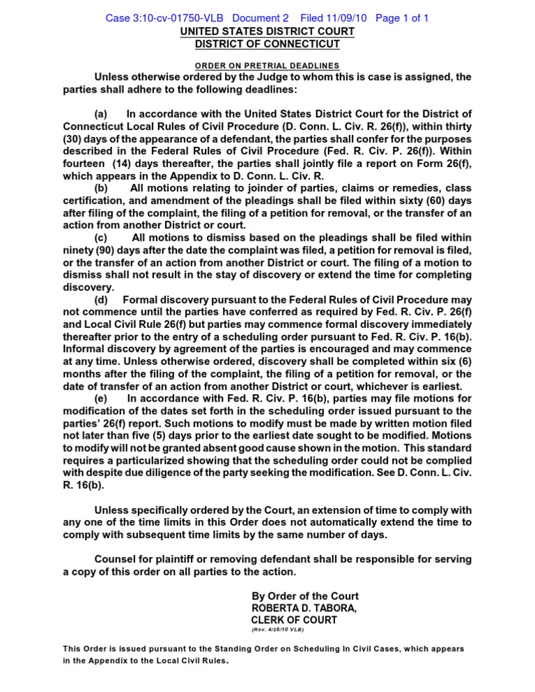 Order On Pretrial Deadlines: Roberta D. Tabora, Clerk of Court | PDF | Federal Rules Of Civil ...
