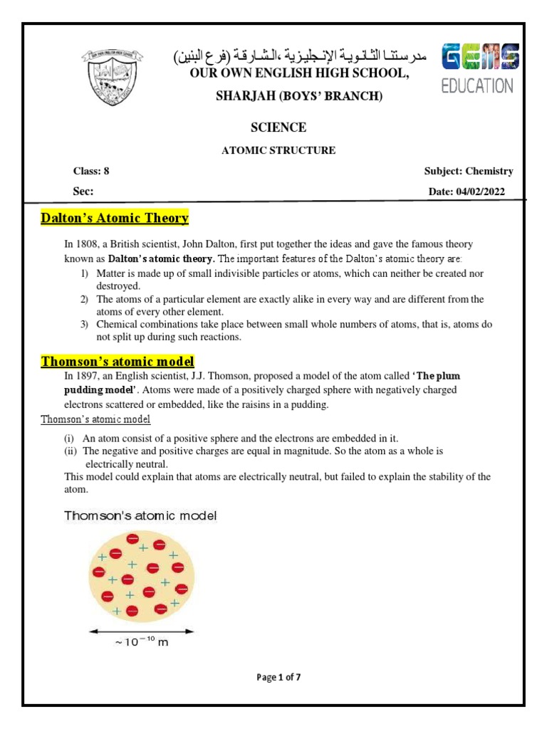 Grade 8 Atomic Structure - Notes... | Download Free PDF | Ion | Atoms