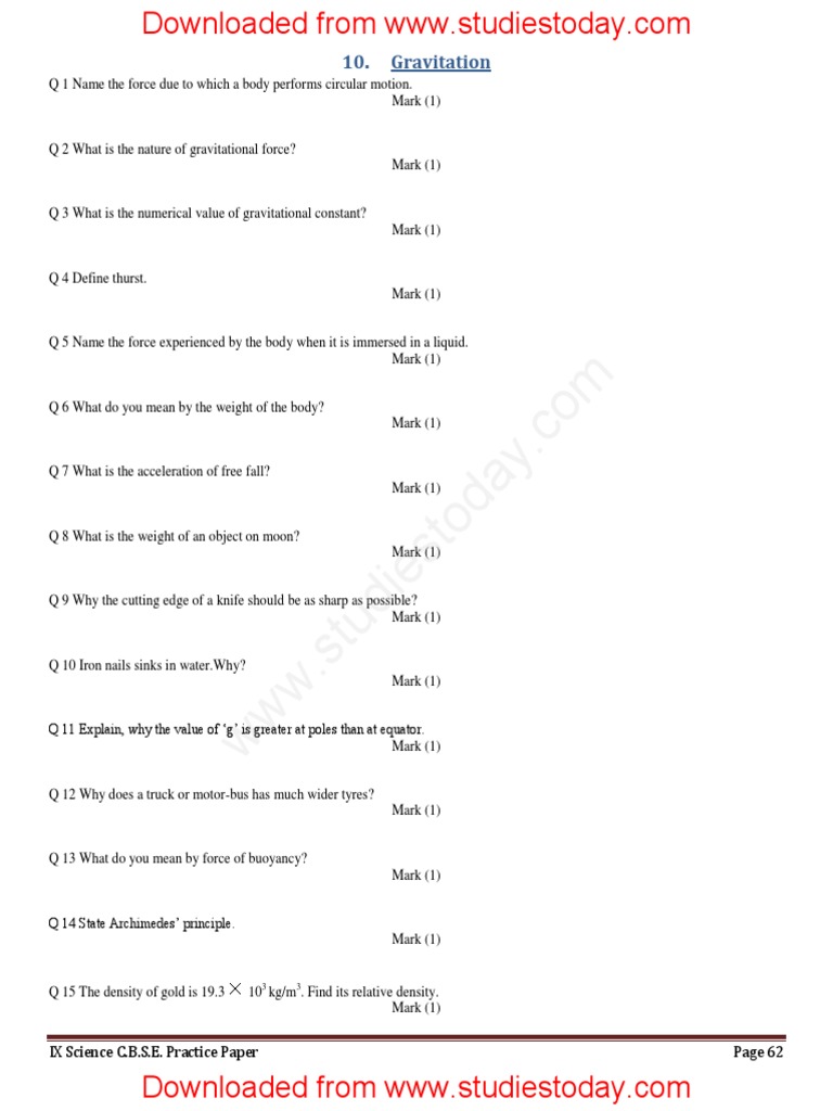 CBSE Class 9 Gravitation | PDF | Buoyancy | Gravity