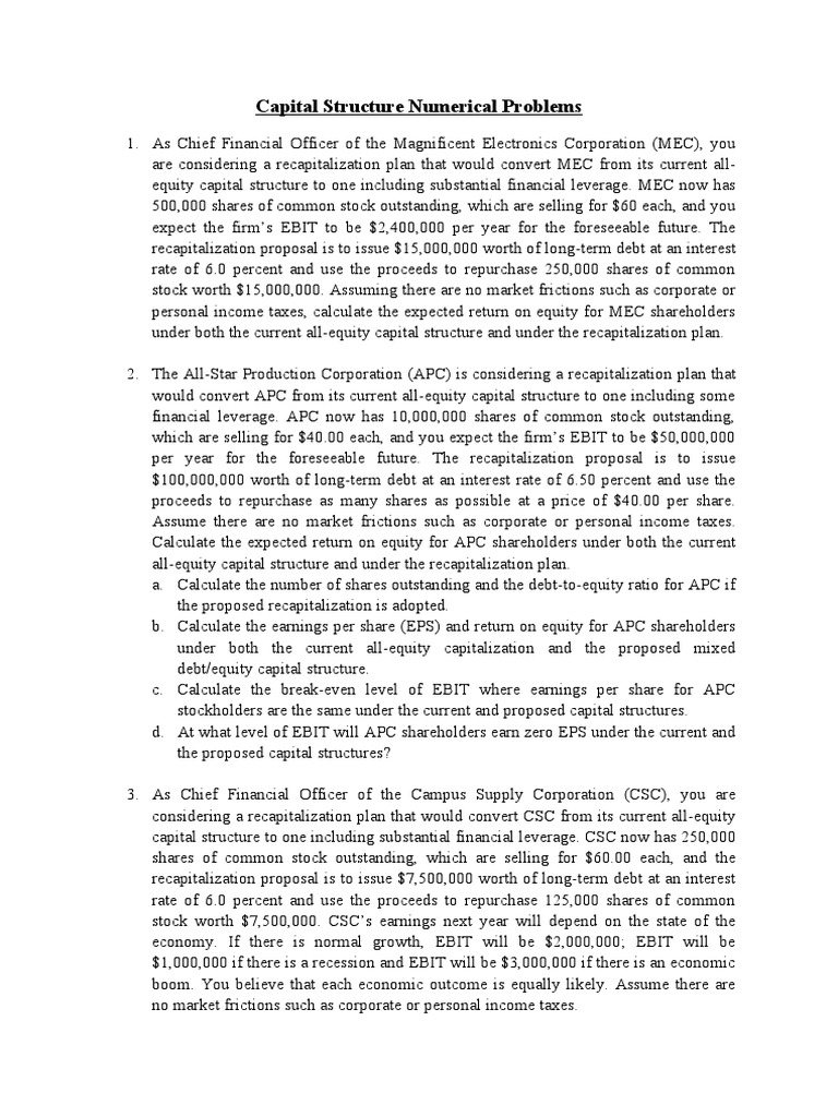 Capital Structure Numerical Problems | PDF | Capital Structure | Stocks