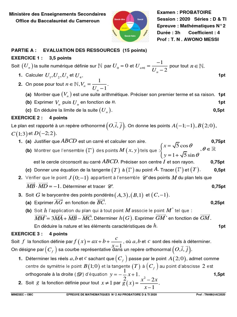 Mathématiques - Examen Probatoire - Session 2020 Séries D Cameroun ...